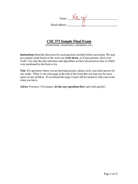 Cse 373 Sample Final Exam Instructions Read The Directions For Each
