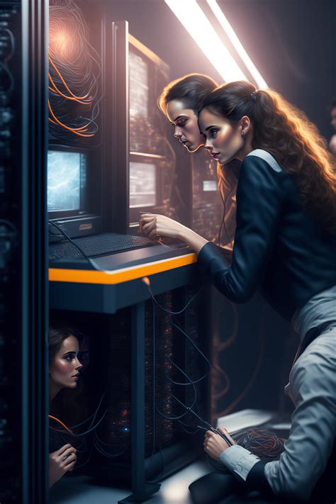 Lexica Illustration An It Guy Who Is Plugging A Girl Through Cables To A Computer And It