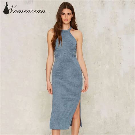 Ribbed Midi Dress Sexy High Slit Hollow Out Bodycon Dresses 2017 Summer