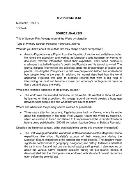 Assignment First Voyage And Customs Of The Tagalog Worksheet 2