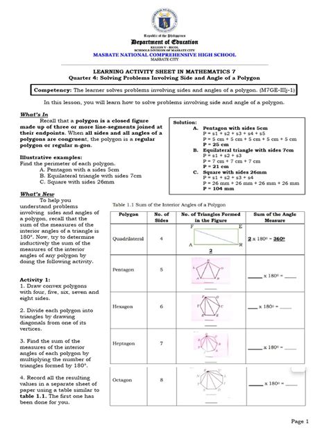 Q4 Las Solving Problems Involving Side And Angle Of A Polygon Pdf Polygon Triangle