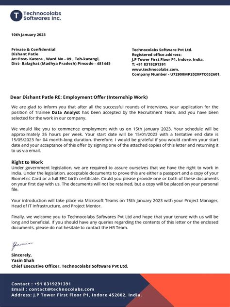 Dishant Patle Data Analyst Offer Letter Pdf Employment Business