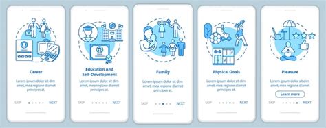 개념이 있는 자체 개발 온보딩 모바일 앱 페이지 화면입니다 경력 및 레크리에이션 라이프 빌딩 연습 5단계 그래픽 지침 Rgb 컬러 일러스트가 있는 Ui 벡터 템플릿