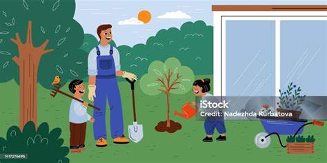 자녀와 부모 심기 아이들 정원 가꾸기가있는 아버지 행복한 정원사 가족이 정원을 돌 봅니다 갈퀴 또는 삽을 가진 소년 나무 심기의 소녀 급수 화려한 벡터 개념 나무에 대한
