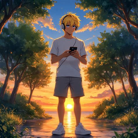 «Аниме мужчина с желтыми волосами в белой футболке и серых шортах стоит … — картинка создана в