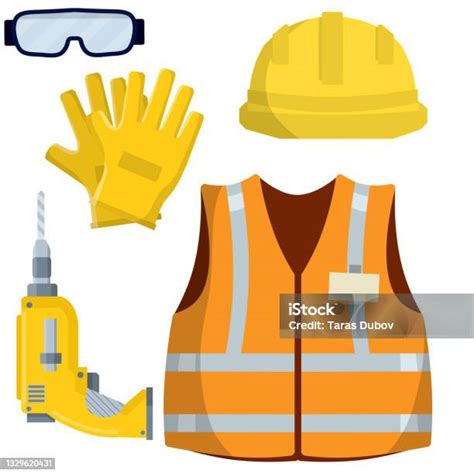 의류 및 도구 작업자와 빌더 오렌지 유니폼 장갑 드릴 고글과 헬멧 산업 안전 키트 항목 및 개체 직업의 종류 만화 플랫 일러스트레이션 개체 그룹에 대한 스톡 벡터 아트 및