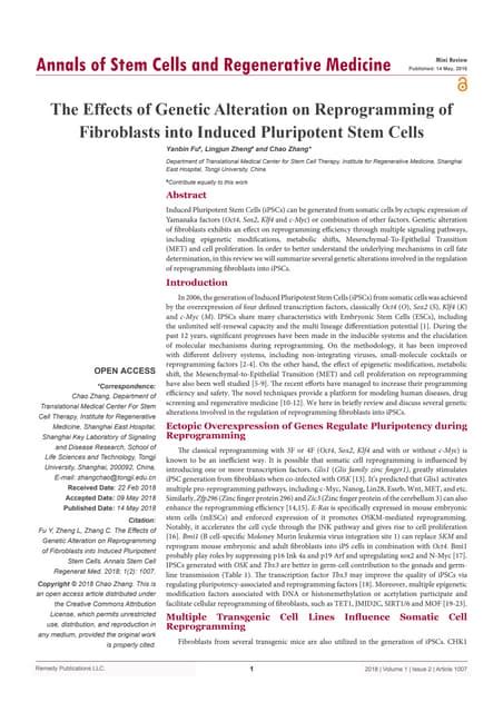 The Effects Of Genetic Alteration On Reprogramming Of Fibroblasts Into Induced Pluripotent Stem