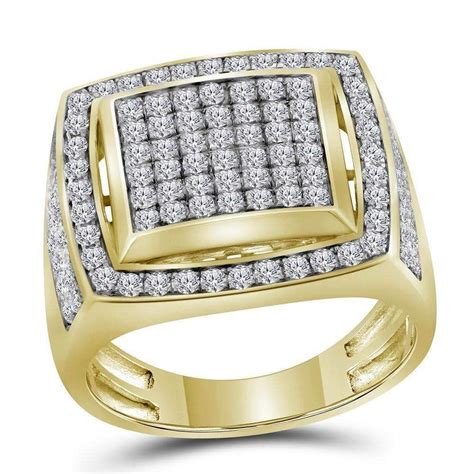 10kt Yellow Gold Mens Round Pave Set Diamond Square Frame Cluster Ring
