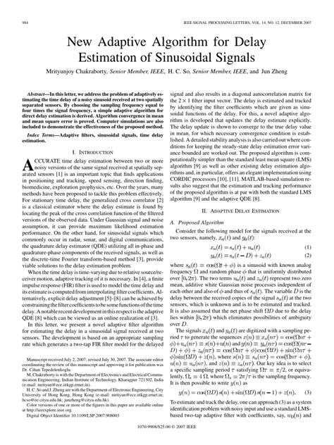 Pdf New Adaptive Algorithm For Delay Estimation Of Sinusoidal Signals