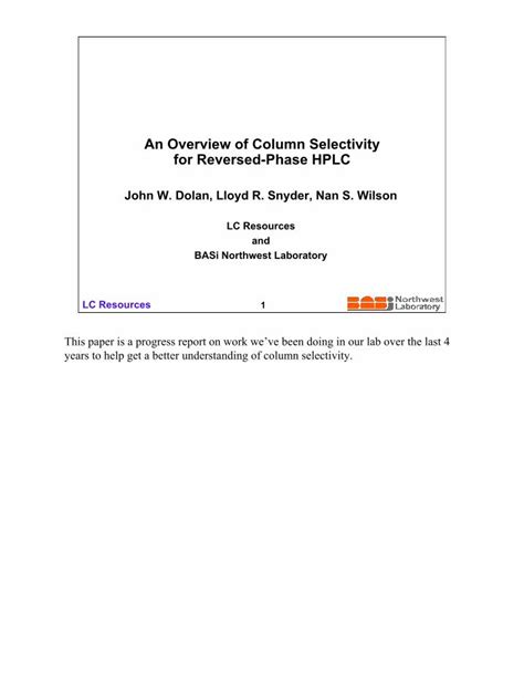 Pdf An Overview Of Column Selectivity For Reversed Phase Hplcschulzov Hplc Materialy Pro