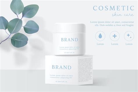 잎이 있는 흰색 배경에 화장품 및 스킨 케어 제품 광고 템플릿 프리미엄 벡터