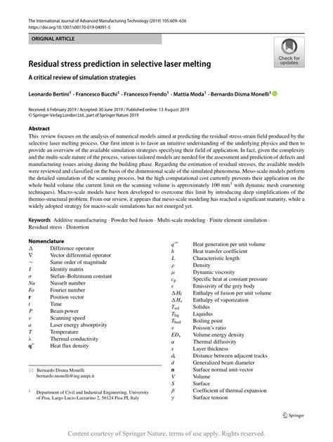 Residual Stress Prediction In Selective Laser Melting A Critical