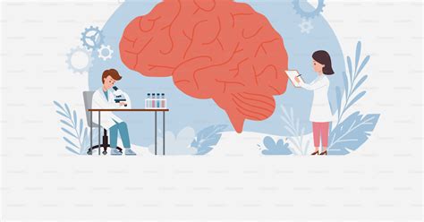 실험복을 입은 작은 사람들이 거대한 인간의 두뇌 플랫 스타일을 탐구하고 벡터 삽화는 흰색 배경에 고립되어 있다 뇌 과학 개념