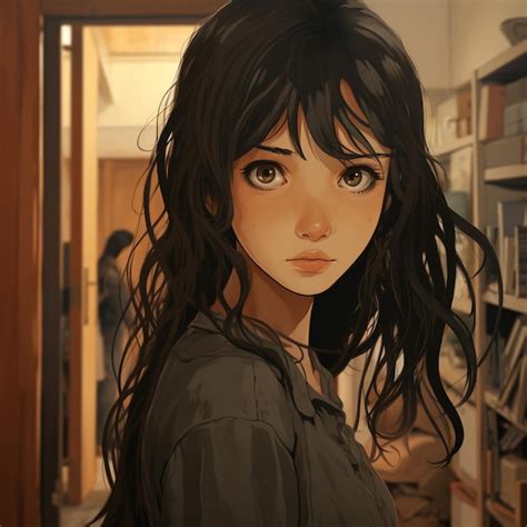 Premium Photo Anime Girl With Long Black Hair And Brown Eyes In A Library Generative Ai