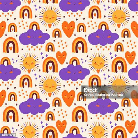 귀여운 구름 태양 무지개 마음의 비와 미소 마음의 비와 아기 원활한 패턴 가와이이 만화 캐릭터 손으로 그린 평면 일러스트 유치한 스칸디나비아 컬러풀한 장식 프린트 디자인