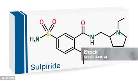 설피라이드 분자 급성 및 만성 정신 분열증의 치료를위한 항 정신병 약물 신경 Leptic 약물입니다 골격 화학 포뮬러 의약품용 용지 포장 건강관리와 의술에 대한 스톡 벡터