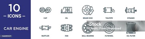 자동차 엔진 개요 아이콘 세트는 얇은 라인 캡 브레이크 디스크 다이나모 팬 플라이휠 오일 필터 보고서 프리젠 테이션 다이어그램 웹 디자인을위한 머플러 아이콘을 포함합니다 볼