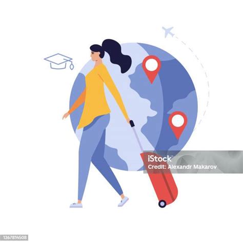 국제 고등학교에서 걷는 외국인 학생 외국 연구 글로벌 교육 학생 교환 프로그램 교육 관광의 개념 웹 배너를 위한 플랫 디자인의 벡터 일러스트레이션 출입국에 대한 스톡 벡터