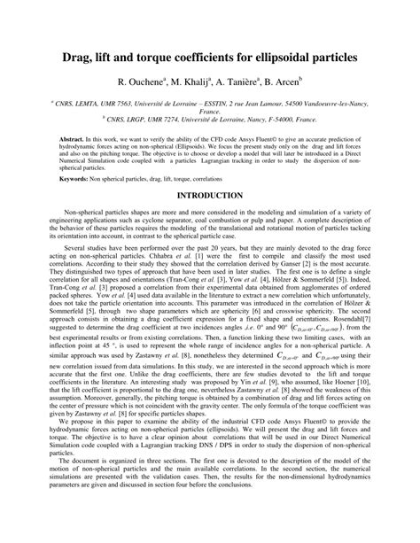 Pdf Drag Lift And Torque Coefficients Of The Ellipsoïdal Particles