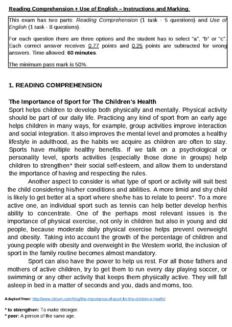 Reading Comprehension Practice Sports Reading Comprehension Use Of English Instructions