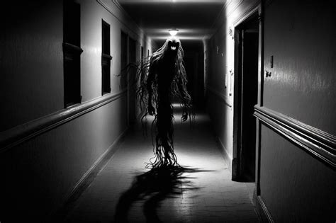 A Creepy Figure Is Standing In A Dark Hallway With A Light Shining On