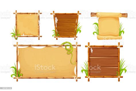 대나무 막대기 나무 판자 밧줄 잔디 리아나로 장식된 양피지에서 흰색 배경에 고립된 만화 스타일로 프레임을 설정합니다 테두리 정글 패널 게임 자산 메뉴 대나무 벼과에 대한