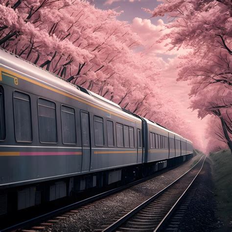 A Train Is Going Through A Forest With Cherry Blossom Trees Premium