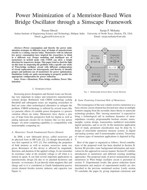 Pdf Power Minimization Of A Memristor Based Wien Bridge Oscillator
