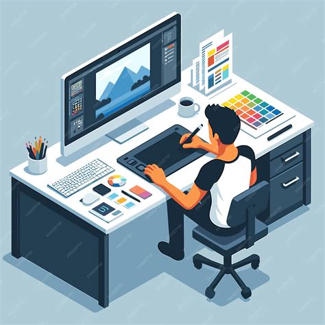 Flat Isometric Illustration Of Man Designing On Computer And Using Pen Premium Ai Generated Vector