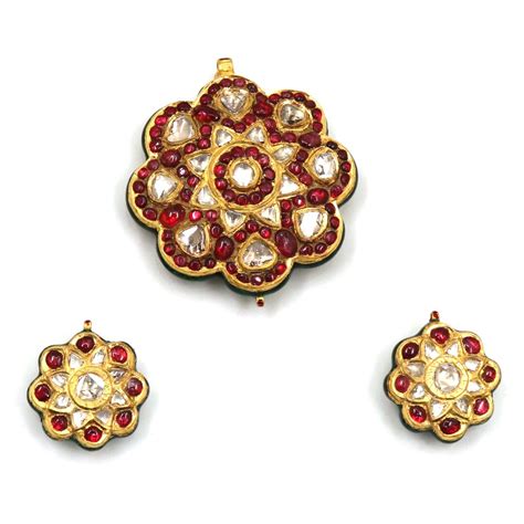 Ruby With Polki Set Indian Kundan Pendant Earrings 22 Kt Gold