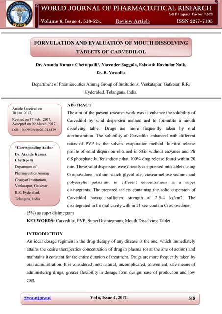 Formulation And Evaluation Of Mouth Dissolving Tablets Of Carvedilol Pdf