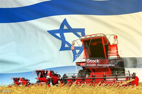 이스라엘 국기 배경 식품 산업 개념과 필드에 붉은 곡물 농업 결합 수확기의 산업 3d 그림 3차원 형태에 대한 스톡 사진 및 기타 이미지 Istock