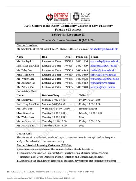 Bus10408 Econ Ii Course Outline Sem B 2019 20 1 Pdf Pdf Cost Of Living Long Run And Short Run