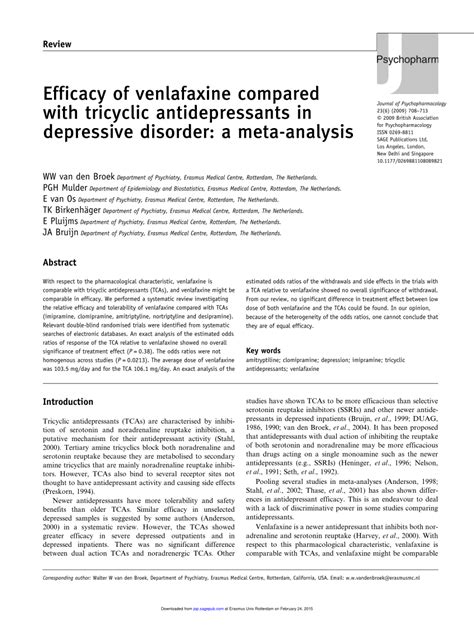Pdf Efficacy Of Venlafaxine Compared With Tricyclic Antidepressants In Depressive Disorder A