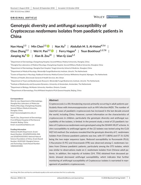 Pdf Genotypic Diversity And Antifungal Susceptibility Of Cryptococcus Neoformans Isolates From
