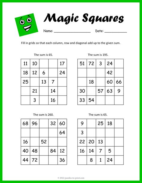 Magic Squares Worksheet