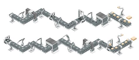 robotic assembly line with conveyor belt in an automated factory isometric vector illustration