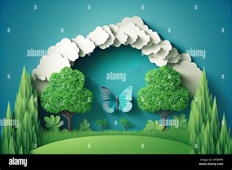 Beautiful Fluffy Cloud Blue Sky Background Summer Sun Butterfly Green Grass Lawn Paper Cut