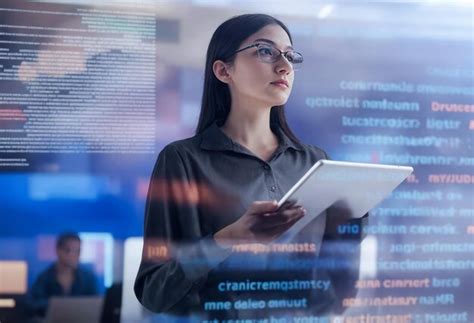 Premium Ai Image Young Woman Programmer Stands In Front Of Large