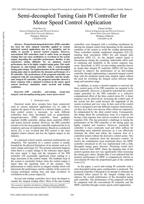 pdf semi decoupled tuning gain pi controller for motor speed control
