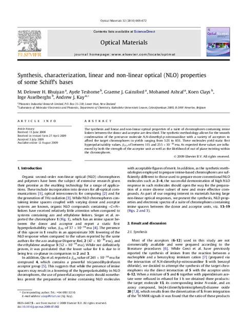 Pdf Synthesis Characterization Linear And Non Linear Optical Nlo Properties Of Some Schiff