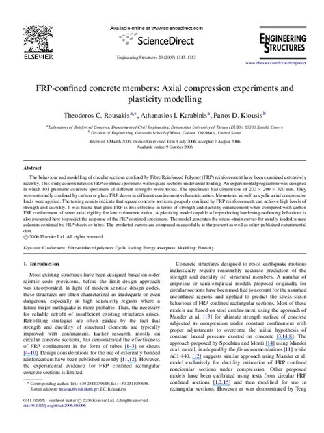 Pdf Frp Confined Concrete Members Axial Compression Experiments And Plasticity Modelling