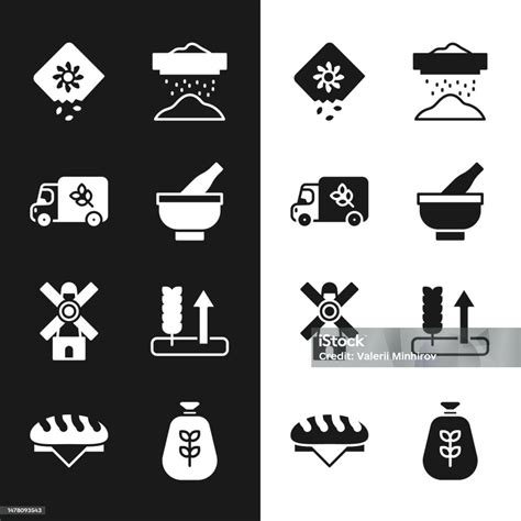 박격포와 유봉 밀가루 트럭 식물의 씨앗으로 가득 찬 팩 체질 밀가루 풍차 밀 가방 및 빵 덩어리 아이콘을 설정합니다 벡터 가방에 대한 스톡 벡터 아트 및 기타 이미지