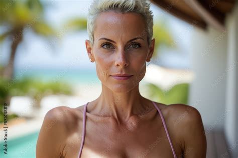 Attractive Short Haired Blond Mature Woman Posing In Swimsuit Looking