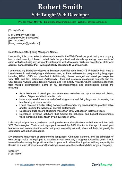 Self Taught Web Developer Cover Letter Examples Qwikresume