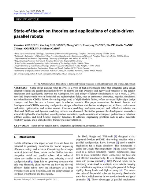 Pdf State Of The Art On Theories And Applications Of Cable Driven Parallel Robots