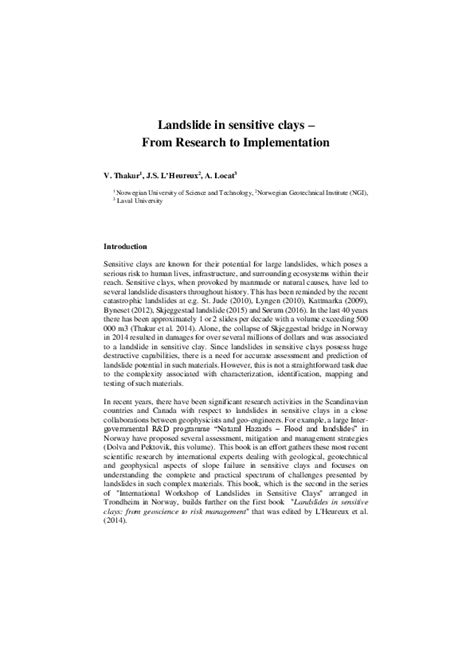 Pdf Landslide In Sensitive Clays From Research To Implementation