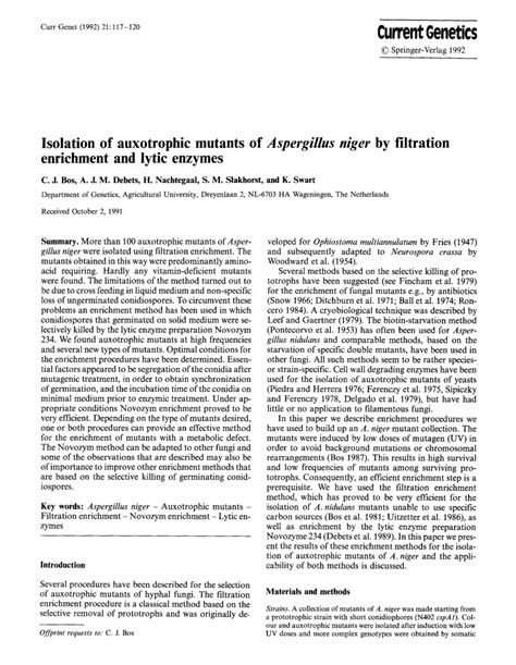 Pdf Isolation Of Auxotrophic Mutants Of Aspergillus Niger By Filtration Enrichment And Lytic