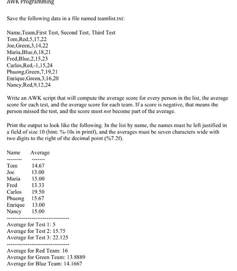 Awk Programming Save The Following Data In A File Named Teamlisttxt