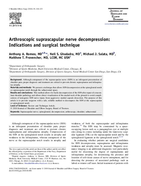 Pdf Arthroscopic Suprascapular Nerve Decompression Indications And Surgical Technique